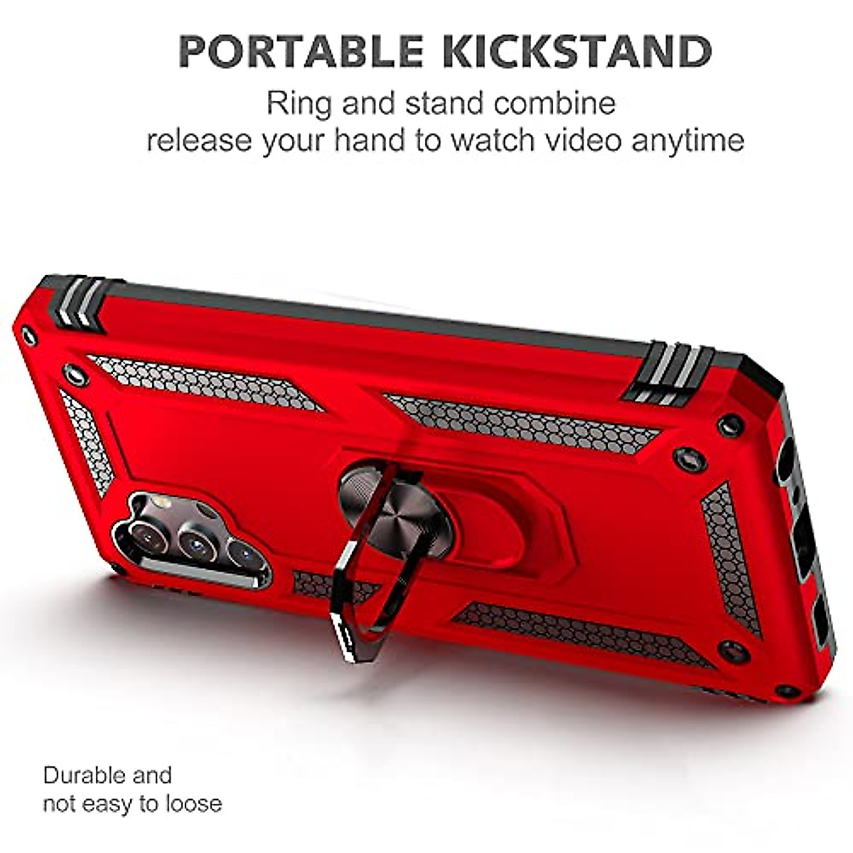 Dretal Galaxy A32 5G Case with Tempered Glass Screen Protector, Military Grade Shockproof Protective Case Cover with Rotating Holder Kickstand for Samsung Galaxy A32 5G (JS-Red)