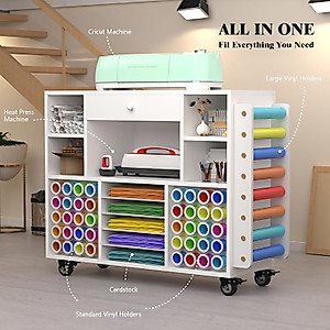 Craft organization and storage Cart Compatible with Cricut Machine, Rolling Craft Organizer With large drawer & 48 Vinyl Roll Holder, Crafting Cabinet Table Workstation for Craft Room Home