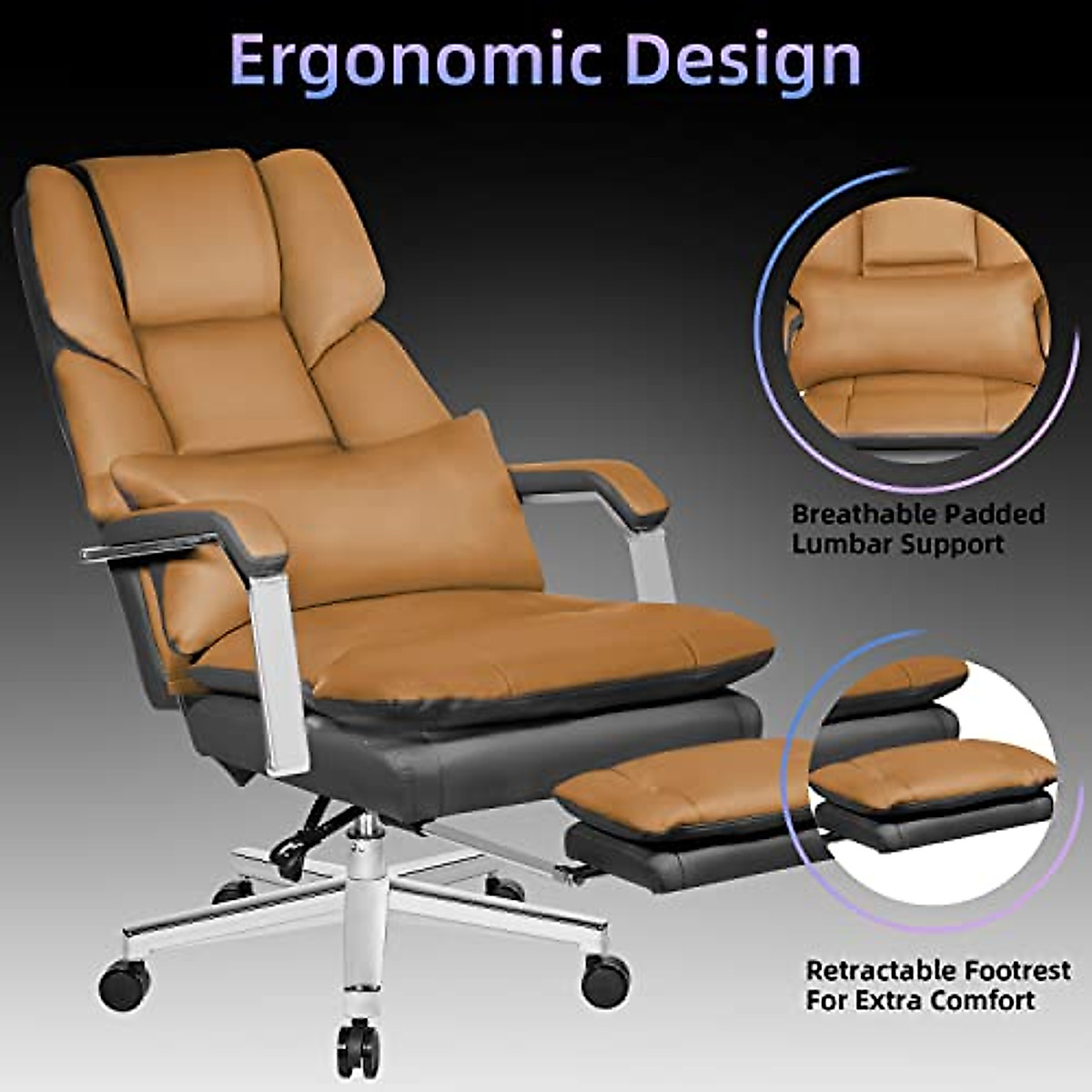 SeekFancy Reclining Office Chair with Footrest O203, Big and Tall Office Chair 500lbs Wide Seat with 170° Backrest, High Back Large Executive Office Chair Lumbar Support，Brown Leather Managerial Chair