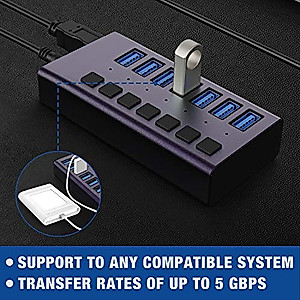 USB 3.0 Hub -7 Ports Powered USB Hub 36W USB Charging Hub with Individual On/Off Switches and 12V/3A Power Adapter and Light for PC, Laptop, Computer, Mobile HDD, Flash Drive and More（Purple）