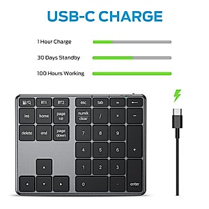 iClever Number Pad, Aluminum Wireless Number Pad for Multi Devices, USB-C Rechargeable, External 34-Keys Bluetooth Keyboard for Data Entry, Compatible for Laptop, Mac, iMac, Tablet, PC Desktop