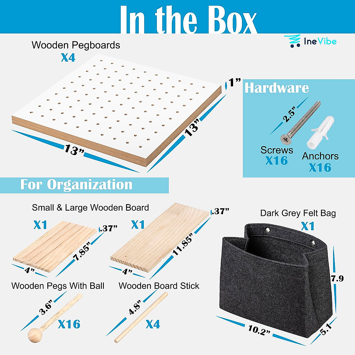 IneVibe Nerf Display Wall Organizer - Wooden Pegboard Storage Holder for Mounting Nerf Guns & Gel Blasters, 4 Piece Rack W/Bag for Darts