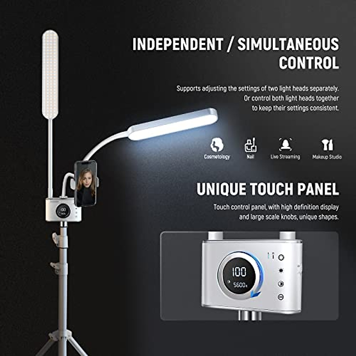 NEEWER Esthetician Light with Phone Holder & Travel Bag Kit, Support 2.4G/PC/MAC Control & Separate Control of 2 LED Light Heads, CRI98+ Bi Color Stepless Dimmable Tattoo Lighting Lash Lamp, BH40B