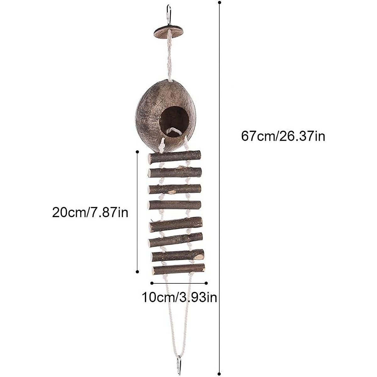 Natural Coconut Shell with Wood Ladder Bird Breeding Nest Bed Perch Swing Toy for Parrot Budgie Parakeet Cockatiel Conure Lovebird Canary Finch Small Parrot Hamster Rat Chinchilla Cage