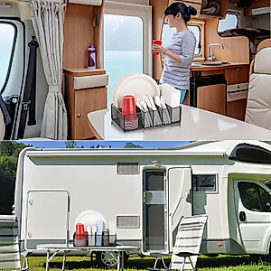 Paper Plate Organizer for Countertop, Metal Silverware Caddy with 6 Compartments for Plate, Cup, Fork, Knives, Spoon, Napkin, Paper Plate and Utensil Holder Caddy for Party, Camping, Picnic (Black)