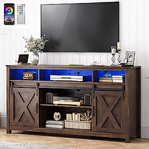 Hlivelood LED Farmhouse TV Stand for 70/65/60inch TV with Power Outlets, 32" Tall Modern TV Stands for Living Room,TV Entertainment Center with Sliding Barn Door,Sideboard Cabinet(Brown)