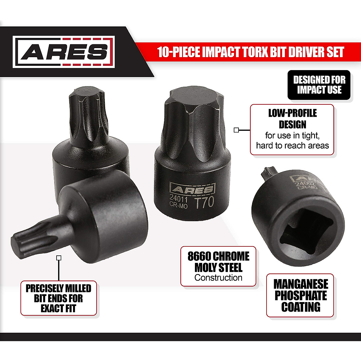 ARES 24001-10-Piece 3/8-Inch Drive Low Profile Impact Torx Bit Driver Set - Chrome-Moly Steel & Manganese Phosphate Coating - Star Bit Size Range T25-T70 - Reusable Storage Rail