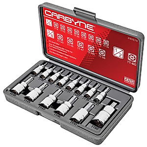 CARBYNE Tamper Proof Torx (aka Tamper Torx or Security Torx) Bit Socket Set - 14 Piece, T-8 to T-60 Sizes, S2 Steel Bits, CRV Sockets | 1/4-inch, 3/8-inch & 1/2-inch Drive