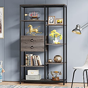 LITTLE TREE Reversible Bookshelf with 2 Drawers, 5 Tier Tall Bookcases Wood Open Bookshelves Display Book Shelf Decorative Storage Shelves for Living Room Bedroom, Black Rustic Gray
