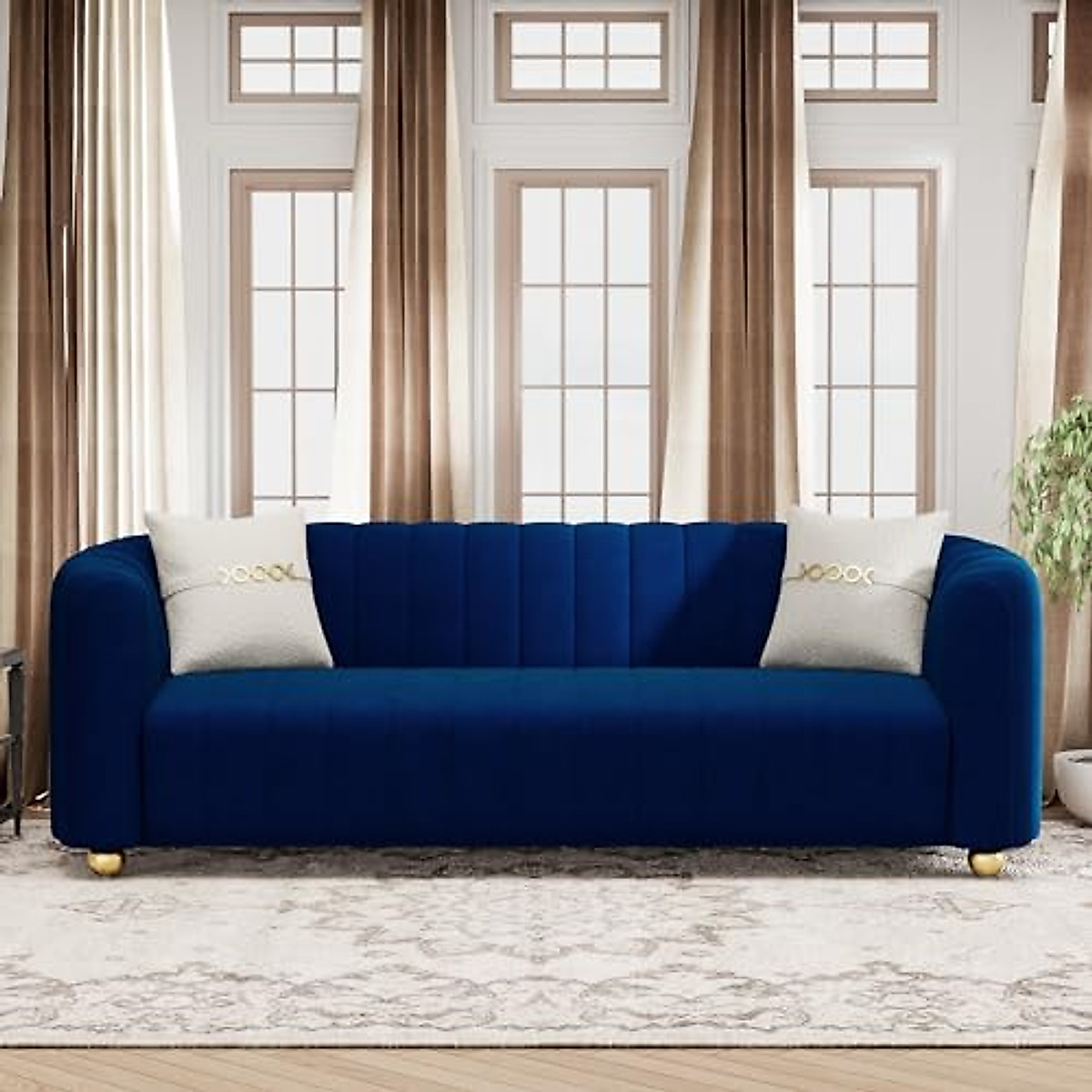 yunqishi KEAI 83.46" Velvet Couch for Living Room Large Modern Sofa with Gold Metal Sphere Legs Office Upholstered Comfy 3 Seater Couches Cute Sherpa Bedroom Furniture (Blue)