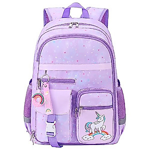 Unineovo Girls Backpack, 17" School Kids Backpacks for Girls, Cute Unicorn Bookbag with Compartments for Elementary Middle School Girls Students(Purple)