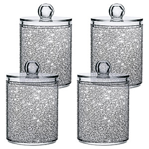 Silver White Glitter Qtip Holder Dispenser Flash Gradient Sparkle Bathroom Canister Storage Organization 2 Pack Clear Plastic Apothecary Jars with Lids Vanity Makeup Organizer For Cotton Swab Ball F