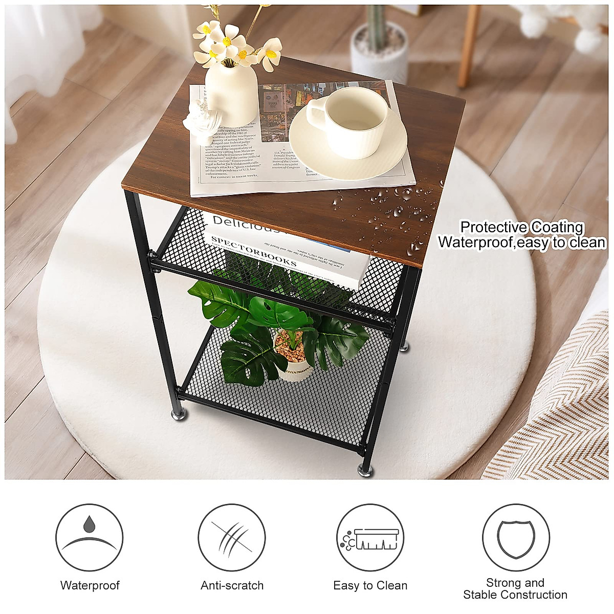 XASERDY 3-Tier Tall End Table,Slim Nightstands,Bedside Table with Storage Shelf,Sofa Side Tables for Small Space,for Living Room, Bedroom,Couch,Metal Frame