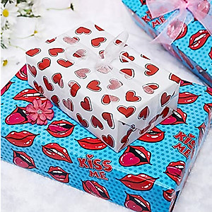 CAMKUZON Reversible Wrapping Paper for Valentine's Day, Birthday, Wedding, Holiday - 3 Large Sheets Red Lip with KISS ME and Heart Design Gift Wrap - 27 Inch X 39.4 Inch Per Sheet