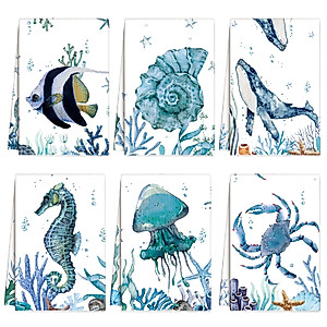 6 Pcs Beach Kitchen Towels Ocean Animal Bathroom Dish Towel Set Nautical Themed Hand Towels Summer Sea Soft Tea Towel Absorbent Dish Cloths for Kitchen Decorative Home, 15.7 x 23.6 Inch (Cute Style)