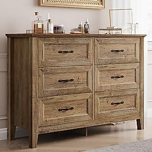 LINSY HOME Dresser for Bedroom, Long Dresser with 6 Drawers, Wood Chest of Drawers with Metal Handles, Ideal for Living Room, Entryway and Hallway