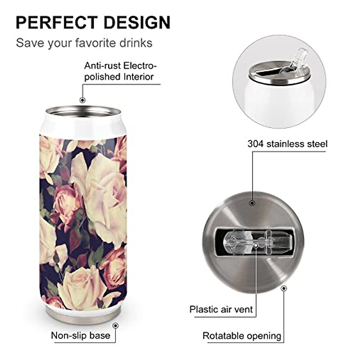 Stainless Steel Mug Roses Watercolor Thermos Cup Double Wall Vacuum Travel Mug With Lids Straw 17oz