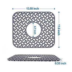 JUSTOGO Silicone Sink Mat, Grey Kitchen Sink Mats Grid Accessory, 1 PCS Folding Non-slip Sink Protector for Bottom of Farmhouse Stainless Steel Porcelain Sink (Center Drain, 13.58''x 11.6'')