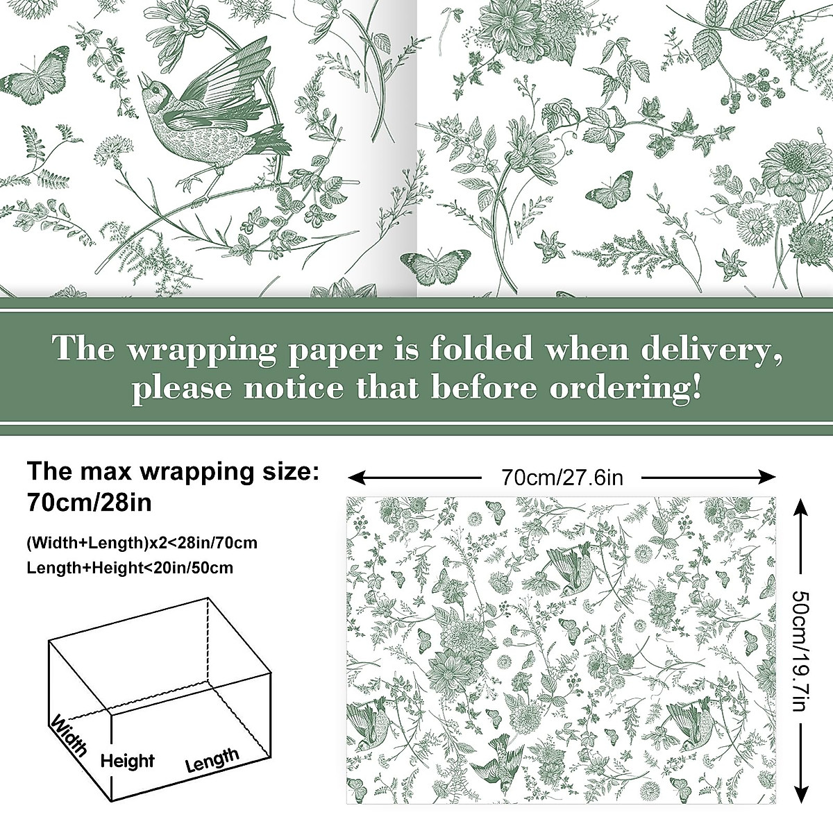 JarThenaAMCS 8 Sheet Sage Green Floral Wrapping Paper -Not Roll- Flower Birds Butterfly Gift Wrap Paper White Green Folded Flat Art Paper for Birthday Wedding DIY Crafts, 19.7 x 27.6 Inch