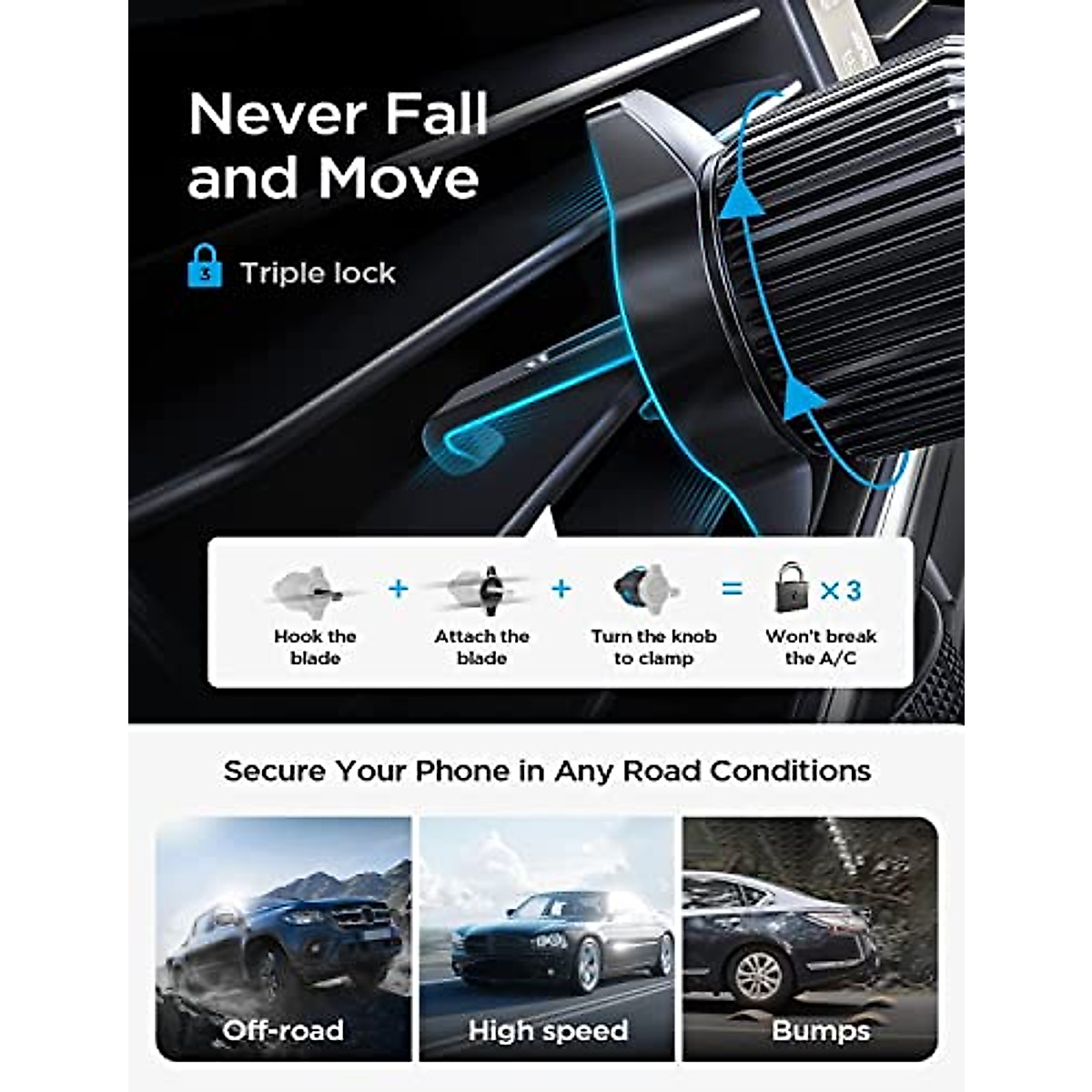 LISEN Car Phone Holder Air Vent Mount Stable 4 Clamp Arms Hands Free Vent Cell Phone Holder Mount for Car Easy Use Phone Holder Car Mount Air Vent with Auto Lock Metal Hook for iPhone All Phones