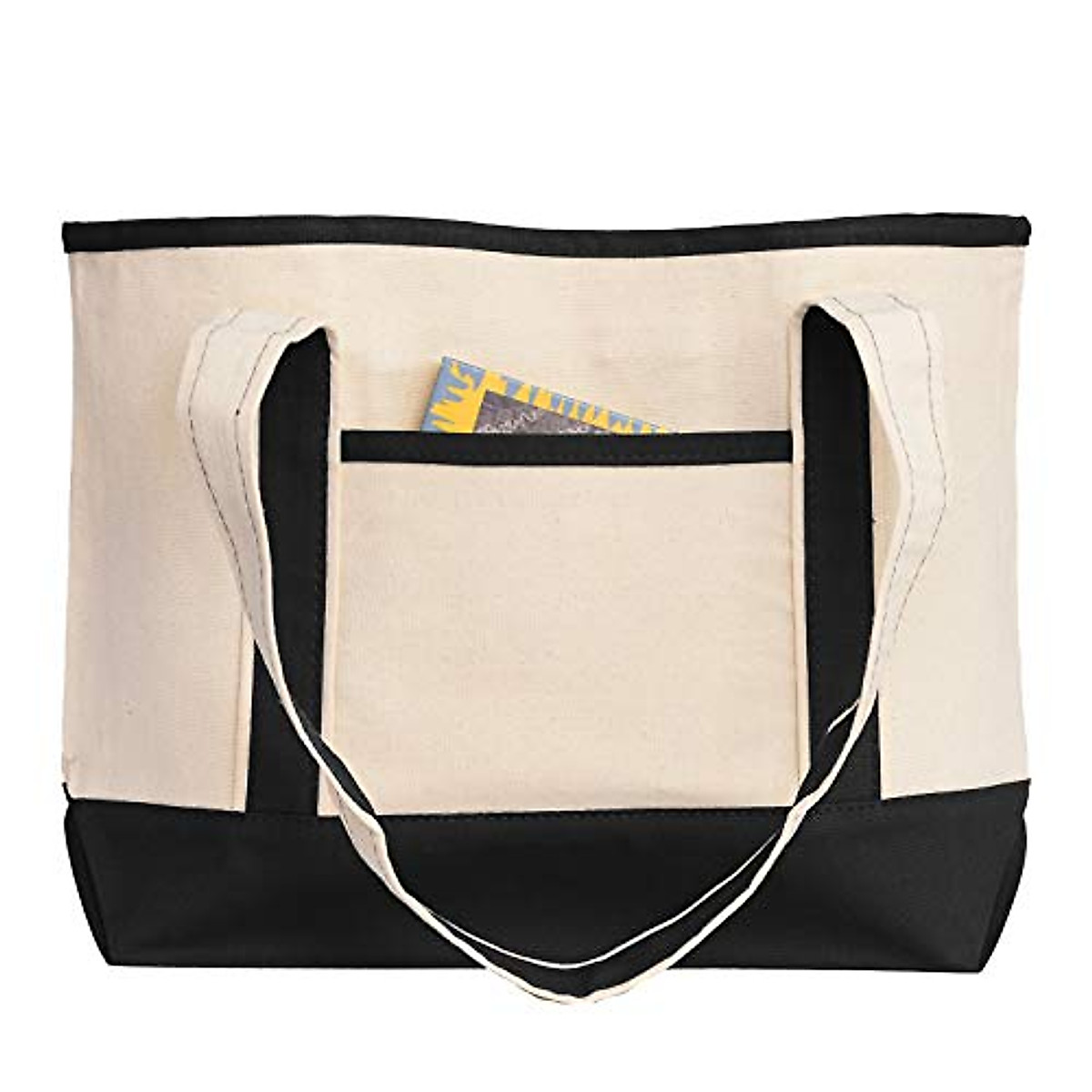 Heavy Canvas Two-Tone Boat Tote Bags with Front Pocket for Beach, Grocery Shopping, Travel by TBF Bags (Set of 2) (Black, Medium)