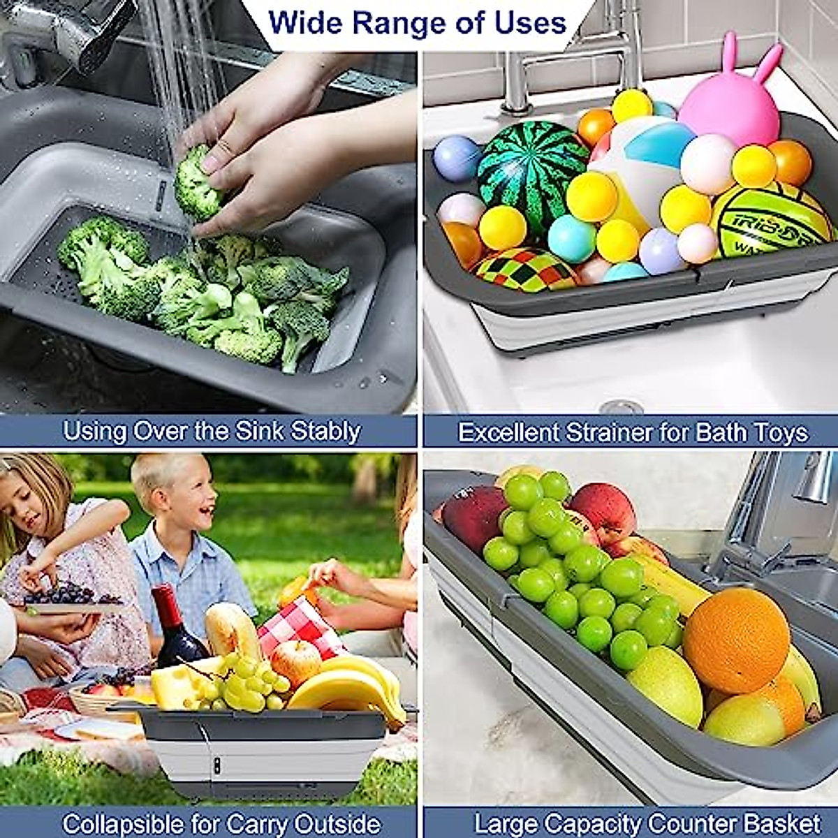 ROTTOGOON Collapsible Colander Strainer, Expandable Over the Sink Colander for Kitchen, Adjustable Silicone Sink Strainer, Foldable Large Colander Basket to Wash Vegetable, Fruit, 15" to 19.8", Gray