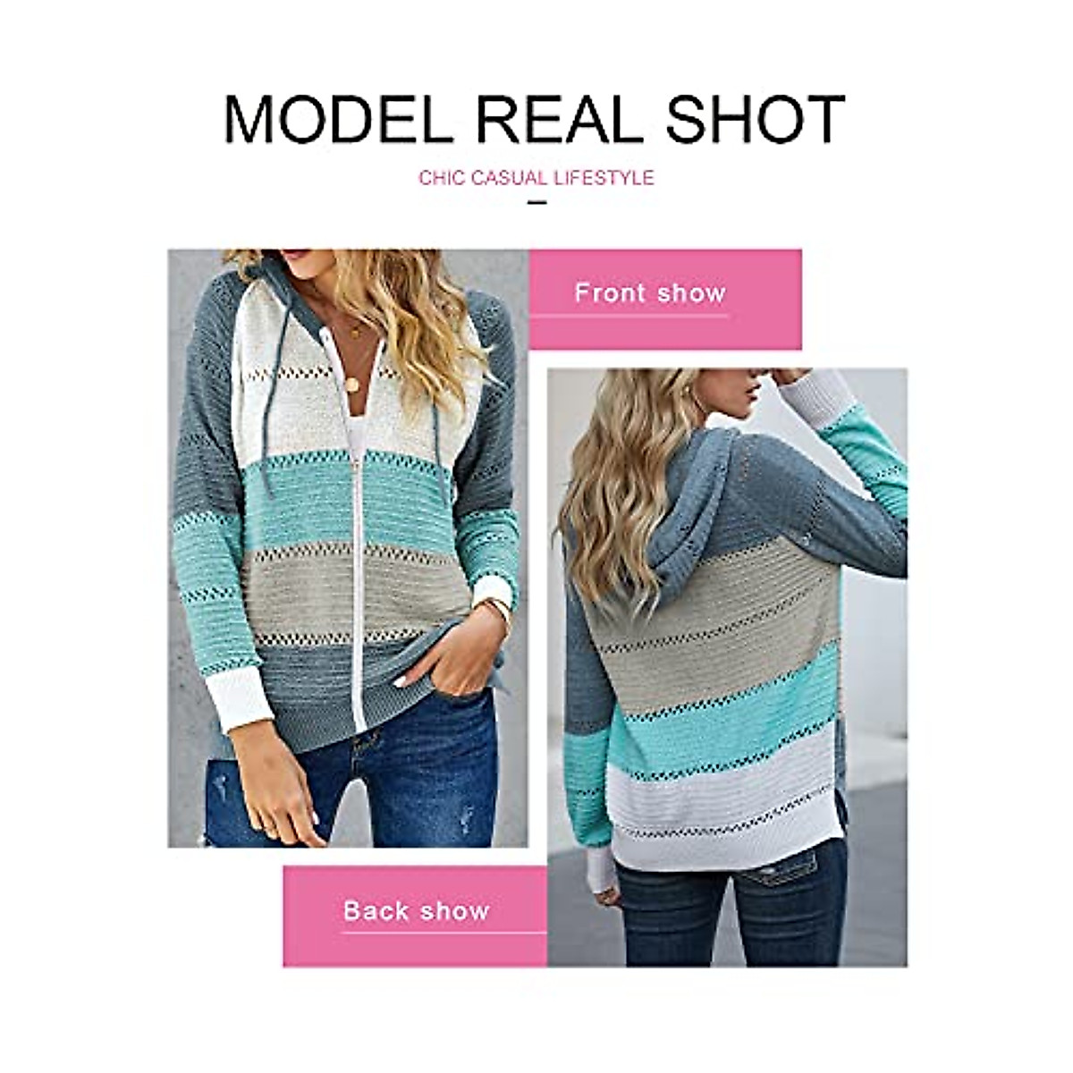 Acelitt Womens Casual Lightweight Long Sleeve Zip up Zipper Striped Knit Sweaters Hoodies Sweatshirts Pullover Jackets Large Sky Blue