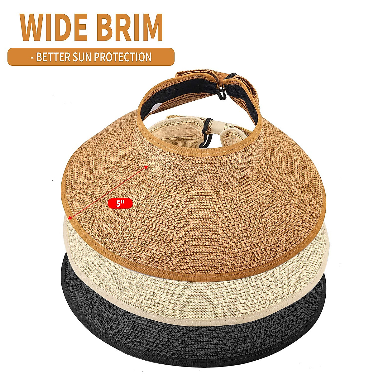 MEINICY 3PCS Foldable Straw Sun Visor Hats for Women, Wide Brim Ponytail Summer Beach Hat, Protect Your Skin Easily (Nature+Black+Beige 3PCS)…