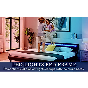 Gustonhon King Size Modern Upholstered Platform Bed Frame with RGB LED Lights Leather Headboard,Faux Leather Wave-Like Low Bed Frame,Strong Wood Slats Support, Easy Assembly(Black, King)