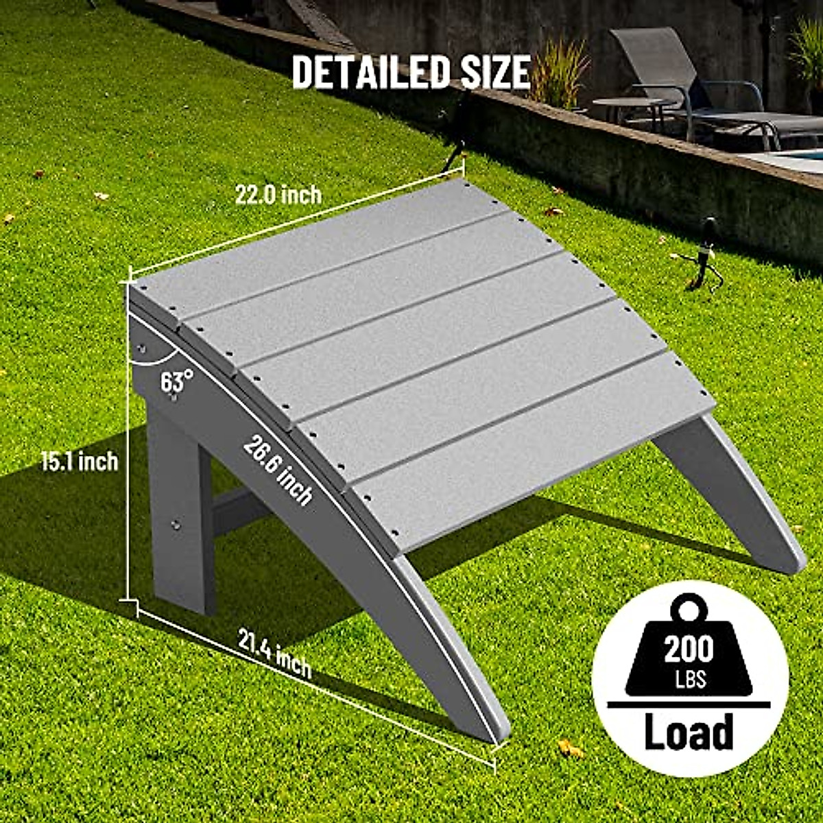 OTSUN Adirondack Ottoman for Adirondack Chair, Footrest for Lounge Chair, Premium HDPE All Weather Resistant for Outdoor, Porch, Yard, Garden, 23.6" L x 21.7" W x 15.3" H, Grey