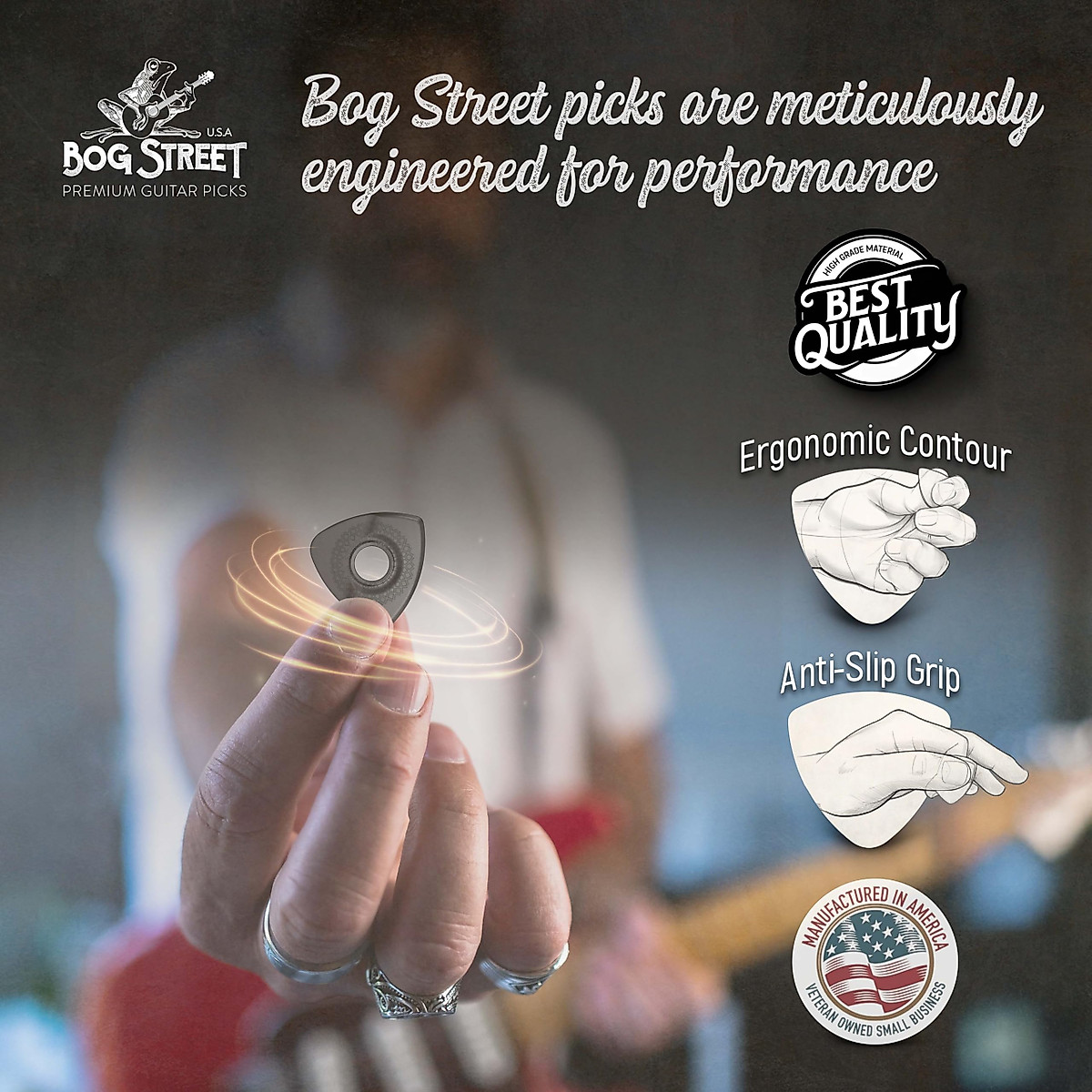 Bog Street Axe Cut Thin Guitar Pick Pack Of 6 - Made in USA Ergonomic Guitar Picks Thin, Non Slip Light Guitar Picks, Black Color