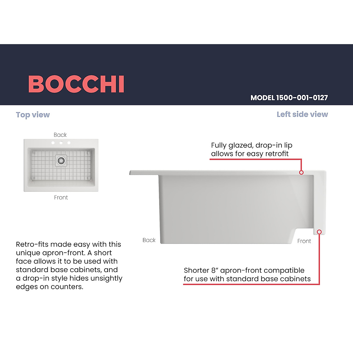 BOCCHI Nuova Apron Front Drop-In Fireclay 34 in. Single Bowl Kitchen Sink with Protective Bottom Grid and Strainer in White