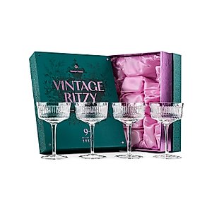 GLASSIQUE CADEAU Vintage Ritzy Cocktail and Champagne Coupe Glasses | Set of 4 | 7 oz Crystal Long Stemmed Glassware for Drinking Martini, Cosmopolitan, Manhattan | Retro Saucers