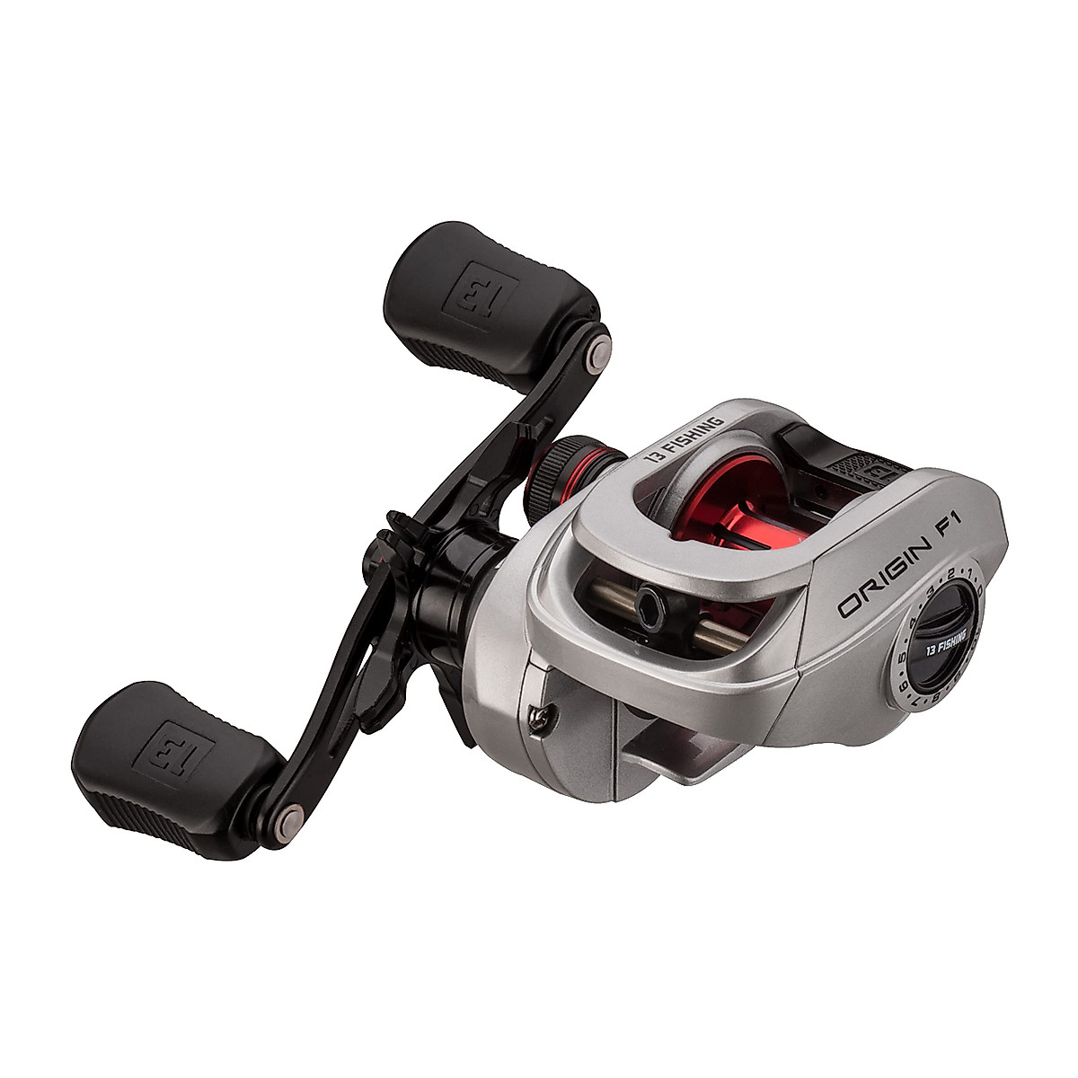 13 FISHING - Origin F1 Baitcast Reel - 6.6:1 Gear Ratio - Right Hand Retrieve (100 Size) (Fresh) - OF1-6.6-RH, Silver/Black/Red