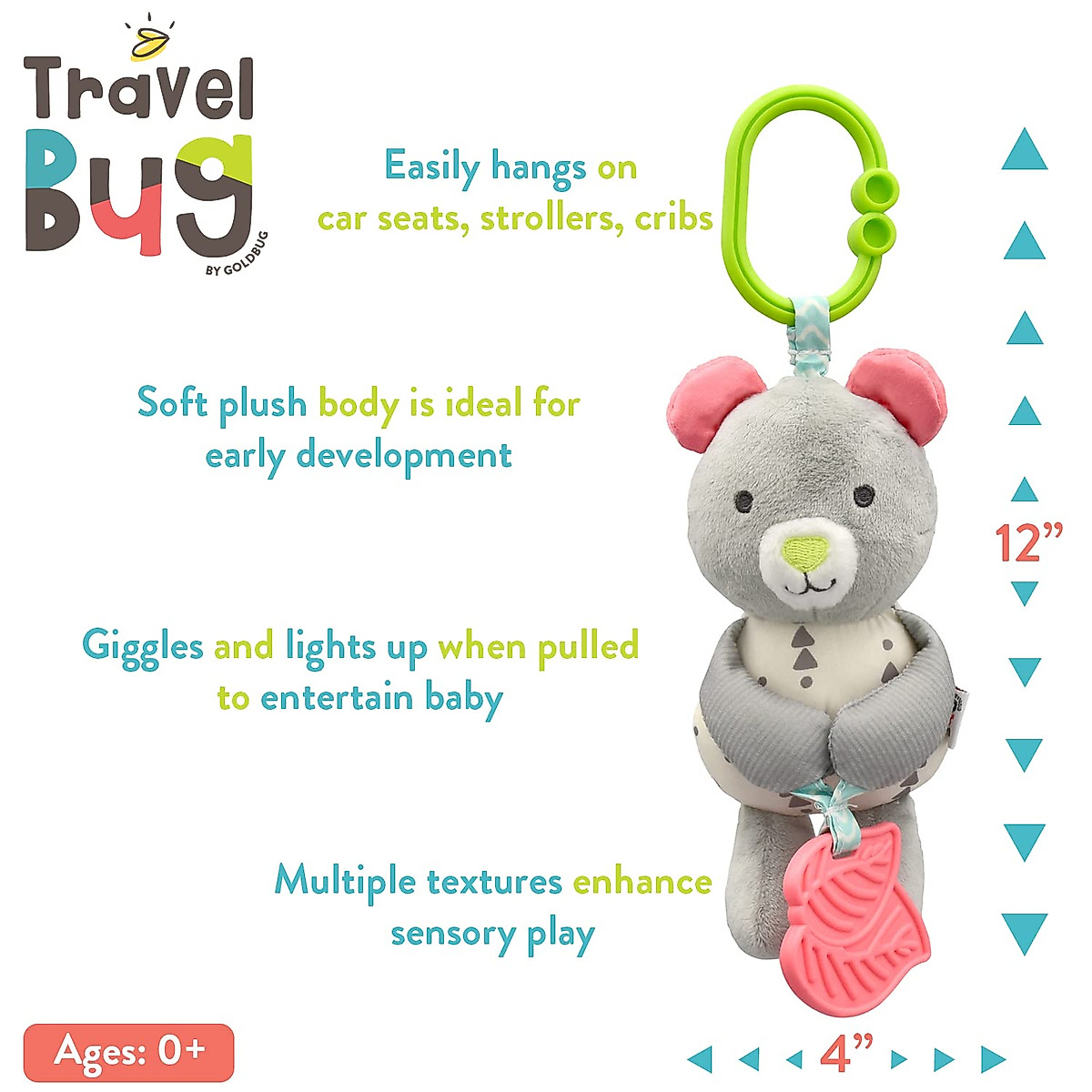 Travel Bug Multi-Sensory Baby Toy with Crinkle, Multiple Textures and Musical Playback, Stroller, Car Seat, Playmat Hanging Toy for Baby - Bear