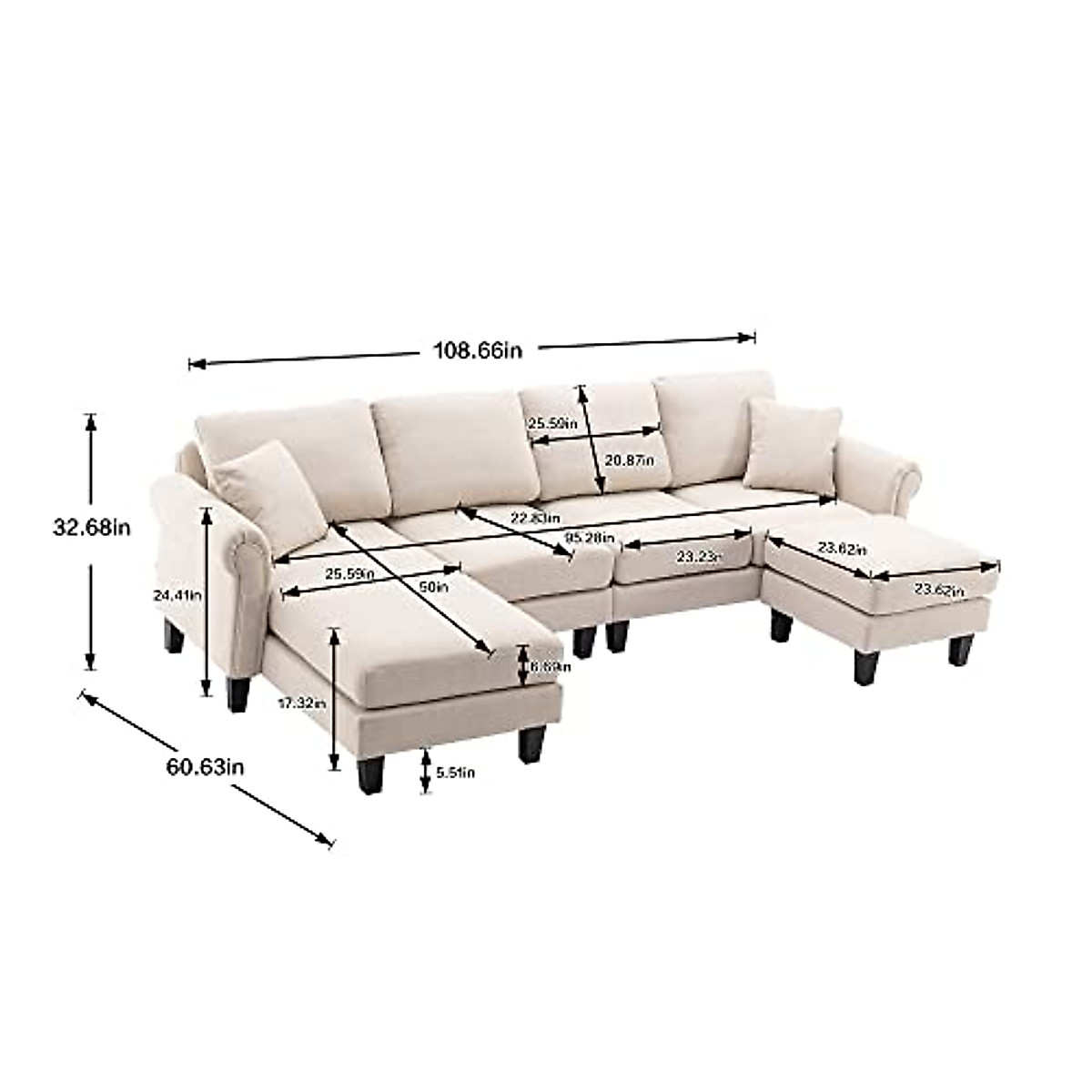 Eafurn U-Shaped Sectional Sofa w/Chaise Lounge and Movable Ottoman,108.66" Convertible Corner Couch,5 Seater Linen Upholstery Sofa&Couches with 2 Pillows for Living Room Furniture Sets, Beige