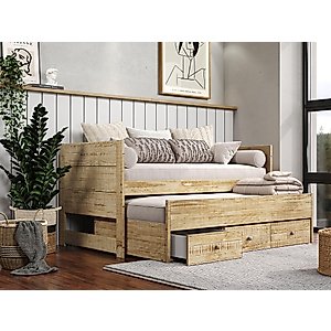 Bedz King All in One Twin Bed with Twin Trundle and 3 Built in Drawers, Weathered Honey