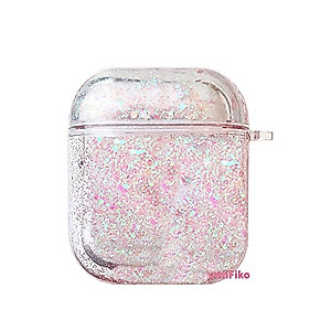 UnnFiko Bling Quicksand Case Compatible with AirPods 1/2, Cute Sparkle Liquid Protective Case, Funny Creative Hard Clear Airpods 1 & 2 Cover with Keychain (Silver Pink)