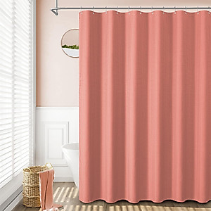 Dynamene Coral Fabric Shower Curtain - Waffle Weave Textured Heavy Duty Cloth Shower Curtains for Bathroom, 256GSM Hotel Luxury Weighted Bath Curtain Set with 12 Hooks,72x72, Coral