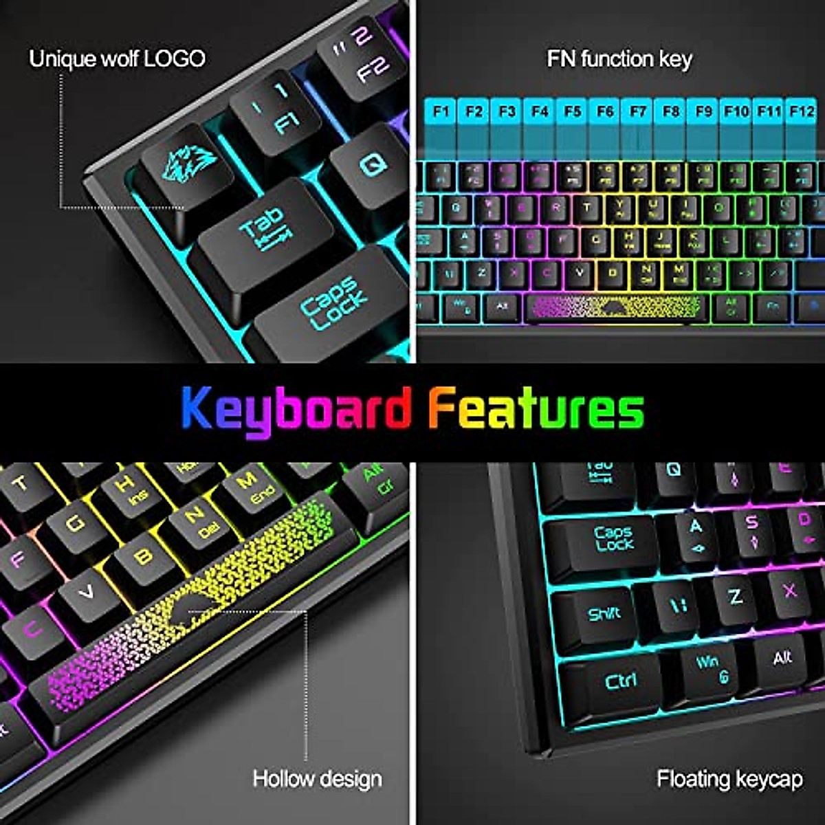 60% Gaming Keyboard and Mouse,Rainbow LED Backlit Gaming Keyboard with Wired Mini Portable Ergonomic 2400 DPI Ultralight Gaming Honeycomb Shell Mouse,Mouse Pad for Windows PC Gamers(Black)