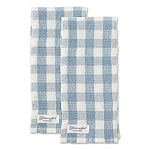 DII Washed Waffle Weave Collection, Dishtowel Set, 18x28, Dusty Blue Check, 2 Piece