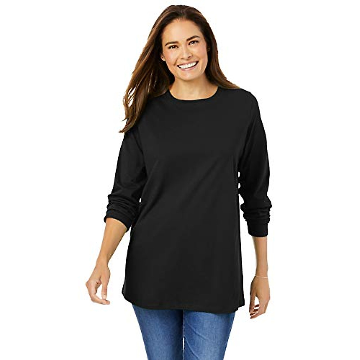Woman Within Women's Plus Size Perfect Long-Sleeve Crewneck Tee Shirt - 3X, Black