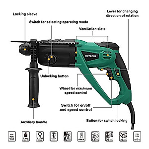 Hoteche 3-in-1 Rotary Hammer Drill 1-Inch SDS Plus Electric Hammer 7.7-Amp/920W Variable Speed Corded Power Hammer Drill Lightweight Demolition Jack Hammer for Concrete with 3 Drill Bits