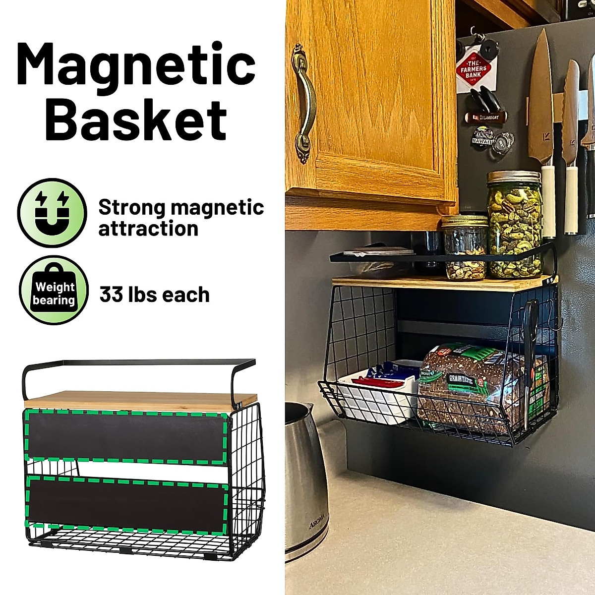 Magnetic Shelf for Fridge with Wood Lid, Fruit Potato and Onion Storage Bins, Pantry Organizers & Storage, Large Container Magnetic Spice Rack for Refrigerator, Kitchen Counter, Cabinet