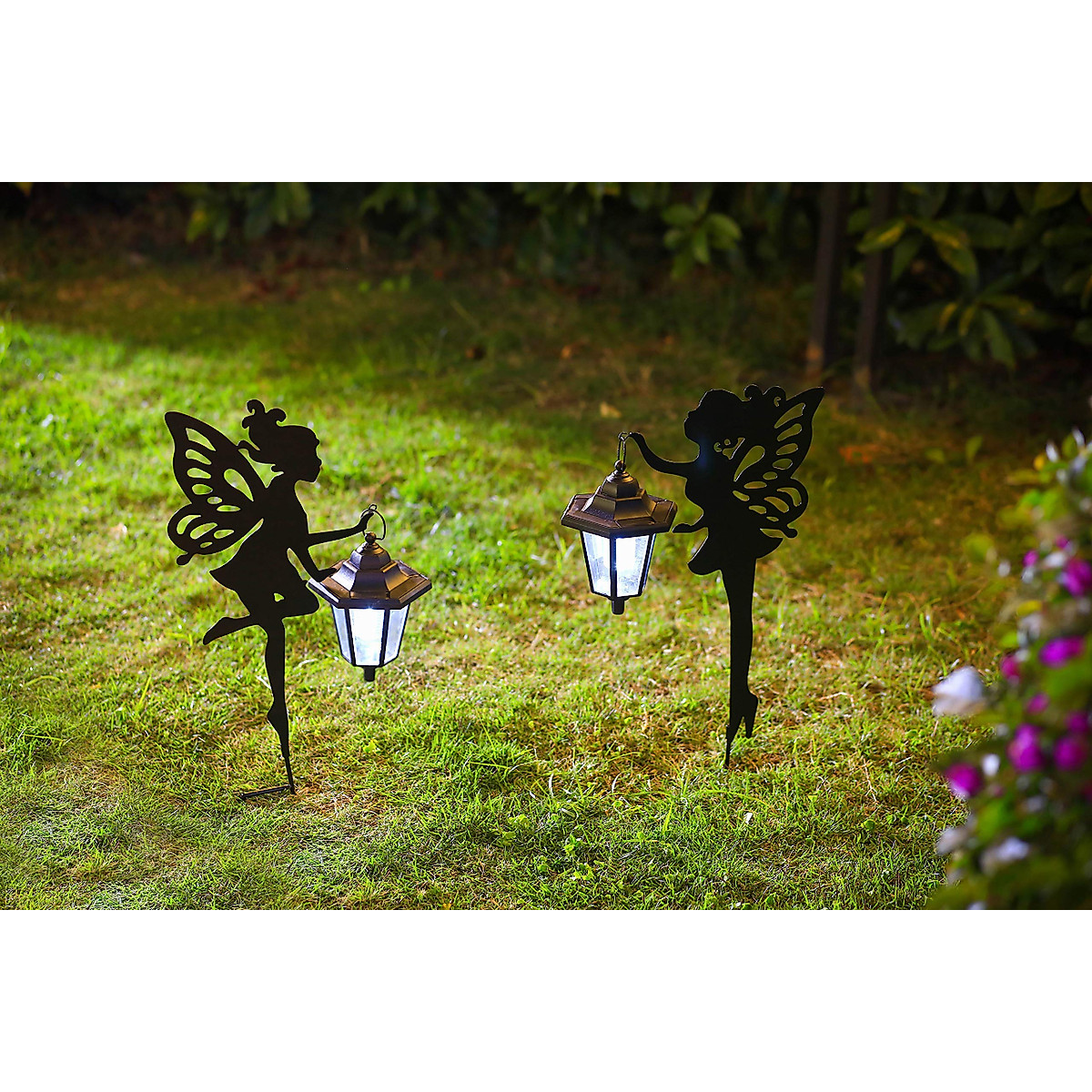 CHUANGFENG Metal Fairy Stake Solar Light Outdoor Decoration Garden Solar Fairy Stake Statues Decor with Solar Lanterns for Lawn Patio or Courtyard Decor 2 pcs