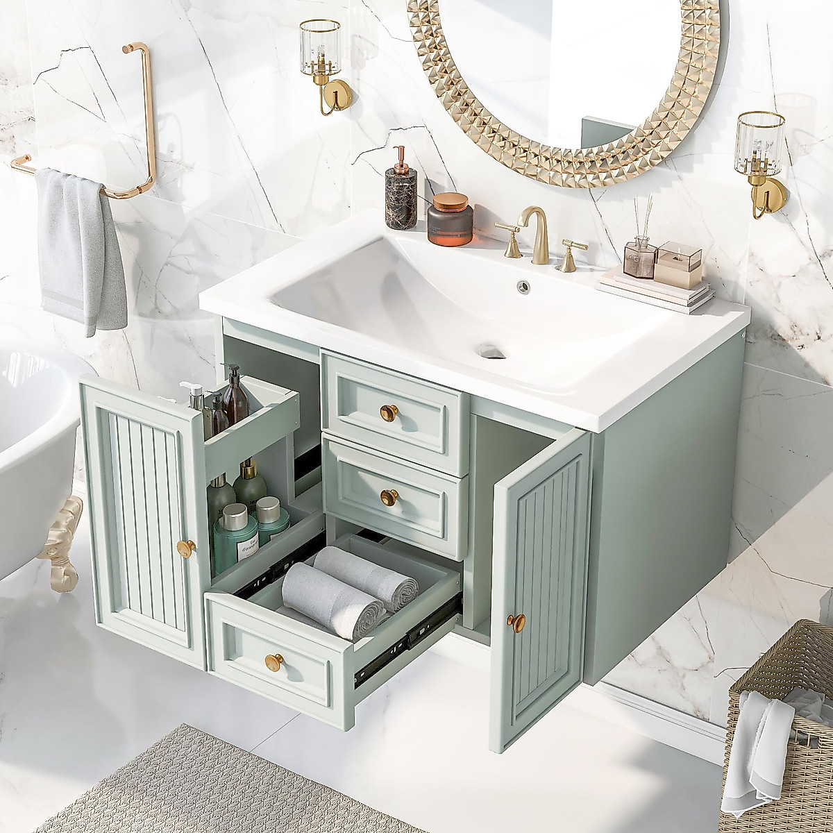 Bellemave Wall Mounted Bathroom Vanity with Ceramic Sink Combo, Modern 30" Bathroom Vanity Set with Drawers & Storage Cabinet Wood Hanging Bath Cabinet(Green)