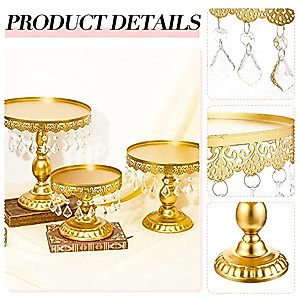 3 Pcs Rose Gold Cake Stand Set Round Cake Stand with Crystal Bling Pendants Dessert Table Display Set for Wedding Event Birthday Party Dessert Table (Gold)
