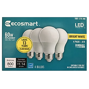 LED TECHNOLOGY EcoSmart 60-Watt Equivalent A19 Dimmable Energy Star LED Light Bulb Bright White (4-Pack)