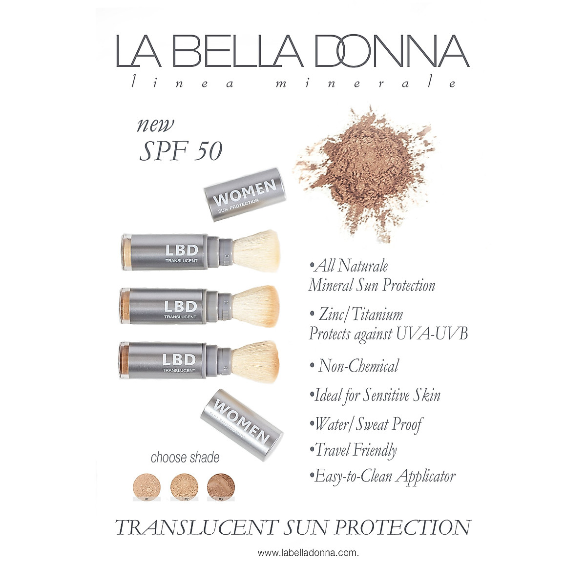 La Bella Donna Natural Mineral Women's Waterproof SPF 50 Powder Sunscreen with Exclusive Dial System Dispensing Brush | NON-NANO | NON-CHEMICAL | REEF SAFE - 5g (Fair Skin)