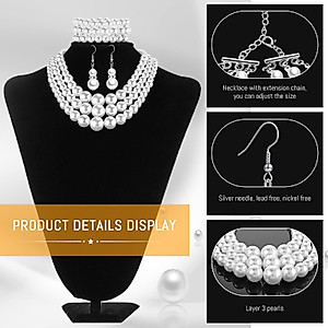 Haysandy 1920s Large Big Pearl Necklace Bracelet and Earring Wedding Faux Pearls Jewelry Set Multi Strand Simulated Pearl Necklace Chunky Pearls Costume Jewelry for Women Girls Bride Gift (White)